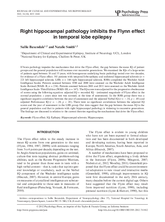 (PDF) Right hippocampal pathology inhibits the Flynn effect in temporal lobe epilepsy