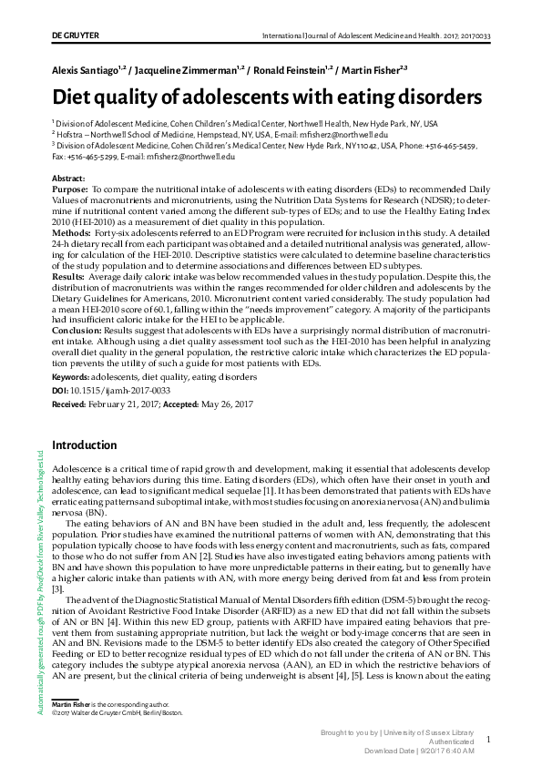 (PDF) Diet Quality of Adolescents With an Eating Disorder