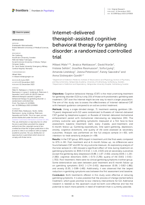 (PDF) Internet-delivered therapist-assisted cognitive behavioral therapy for gambling disorder ...