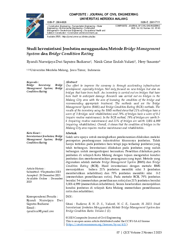 (PDF) Studi Inventarisasi Jembatan Menggunakan Metode Bridge Management System dan Bridge ...