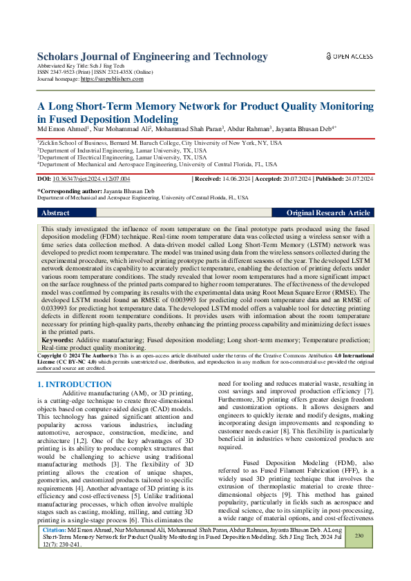 (PDF) A Long Short-Term Memory Network for Product Quality Monitoring in Fused Deposition Modeling