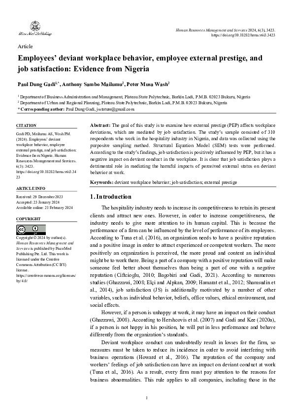 (PDF) Employees’ deviant workplace behavior, employee external prestige ...