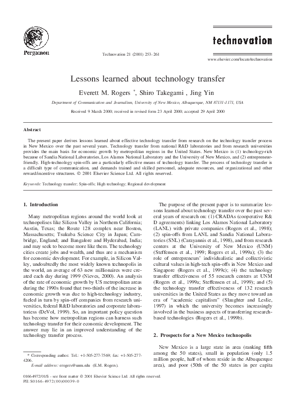 (PDF) Lessons learned about technology transfer