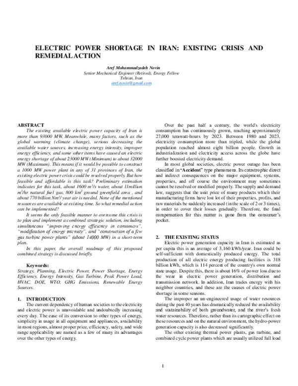(PDF) ELECTRIC POWER SHORTAGE IN IRAN: EXISTING CRISIS AND REMEDIAL ACTION