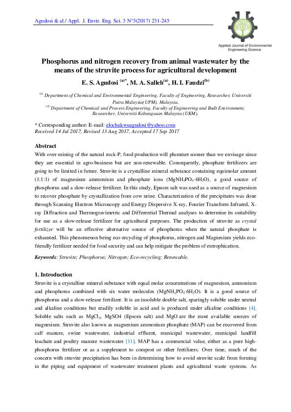 (PDF) Phosphorus and nitrogen recovery from animal wastewater through ...