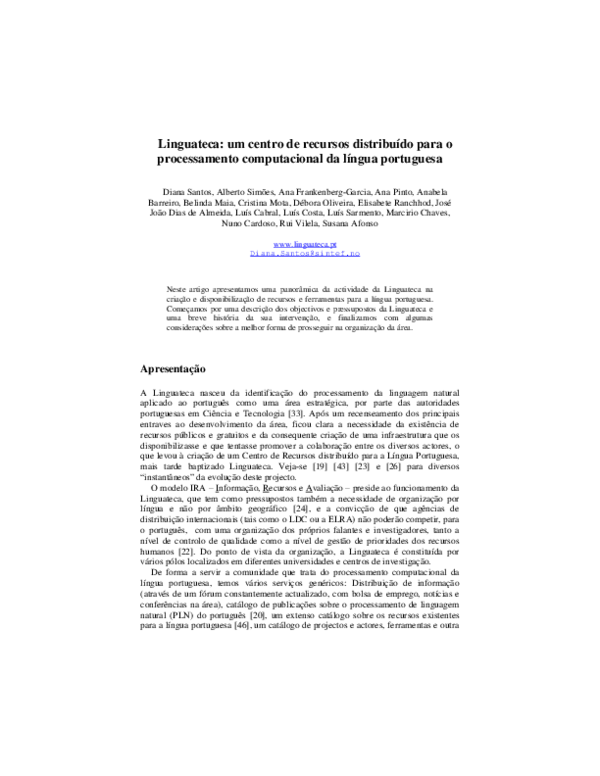 (PDF) Linguateca: Um Centro De Recursos Distribuído Para O Processamento Computacional Da Língua ...