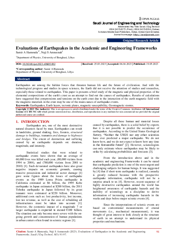 (PDF) Evaluations of Earthquakes in the Academic and Engineering Frameworks