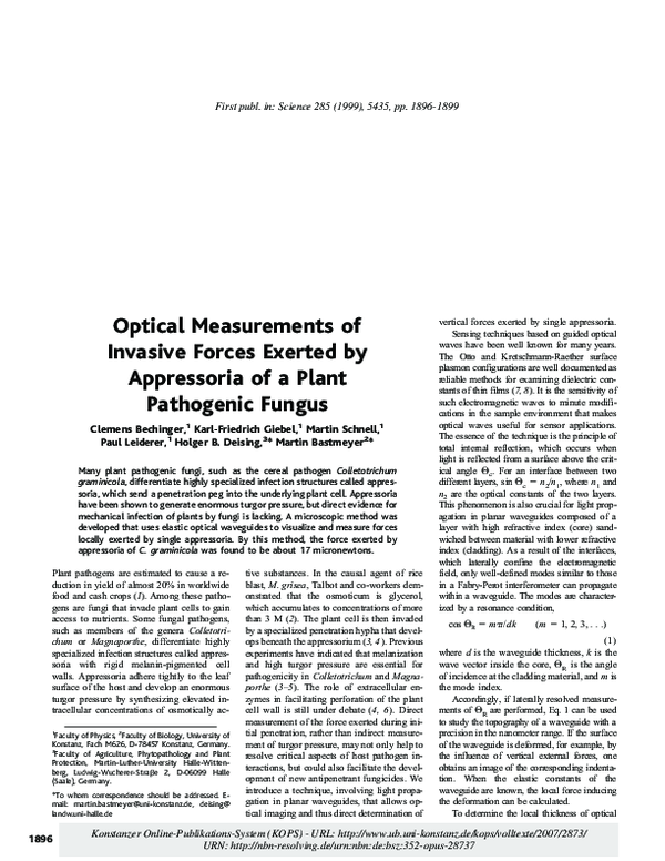 (PDF) Optical Measurements of Invasive Forces Exerted by Appressoria of ...