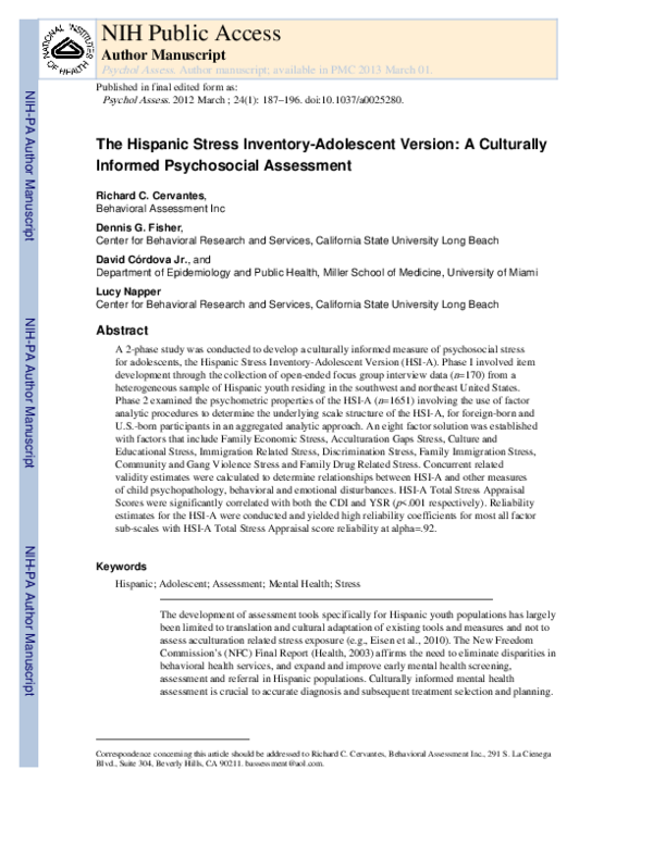 (PDF) The Hispanic Stress Inventory—Adolescent Version: A culturally ...