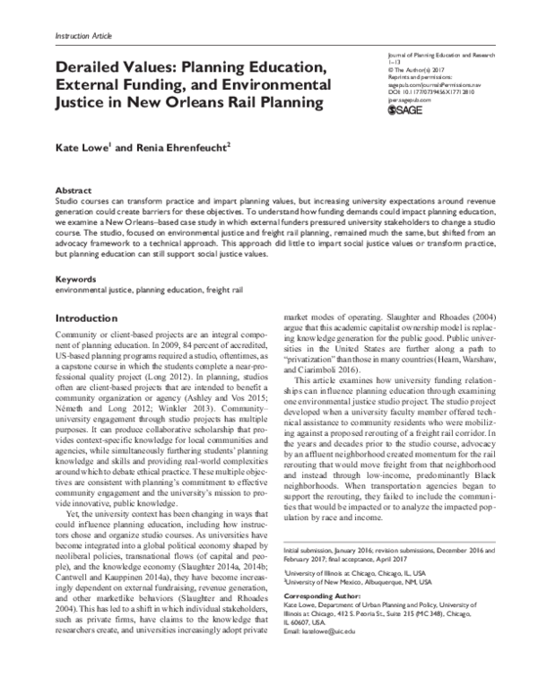 (PDF) Derailed Values: Planning Education, External Funding, and Environmental Justice in New ...