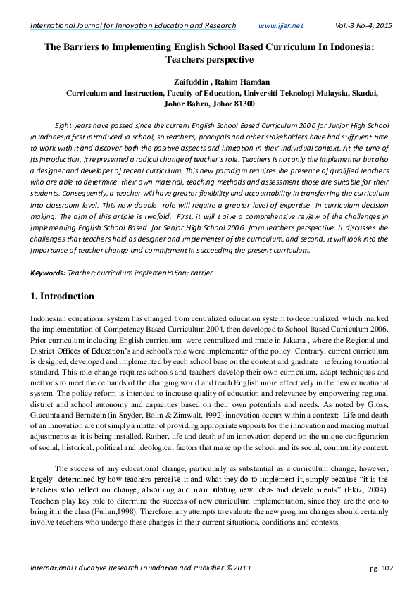 (PDF) Barriers to Implementing English School Based Curriculum In Indonesia