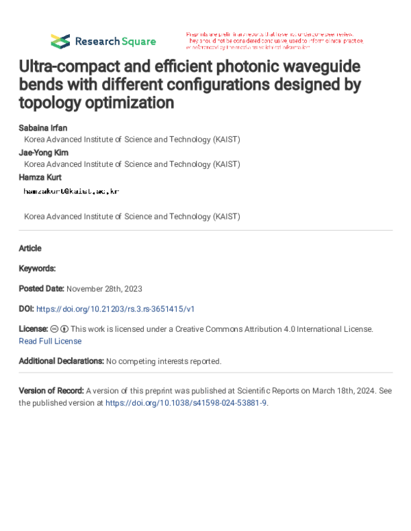 (PDF) Ultra-compact and efficient photonic waveguide bends with ... (PDF) Ultra-compact and efficient photonic waveguide bends with ...