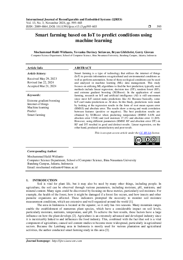 (PDF) Smart farming based on IoT to predict conditions using machine learning