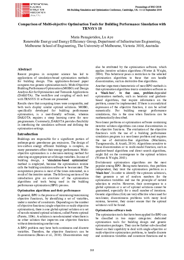 Pdf Comparison Of Multi Objective Optimisation Tools For Building Performance Simulation With