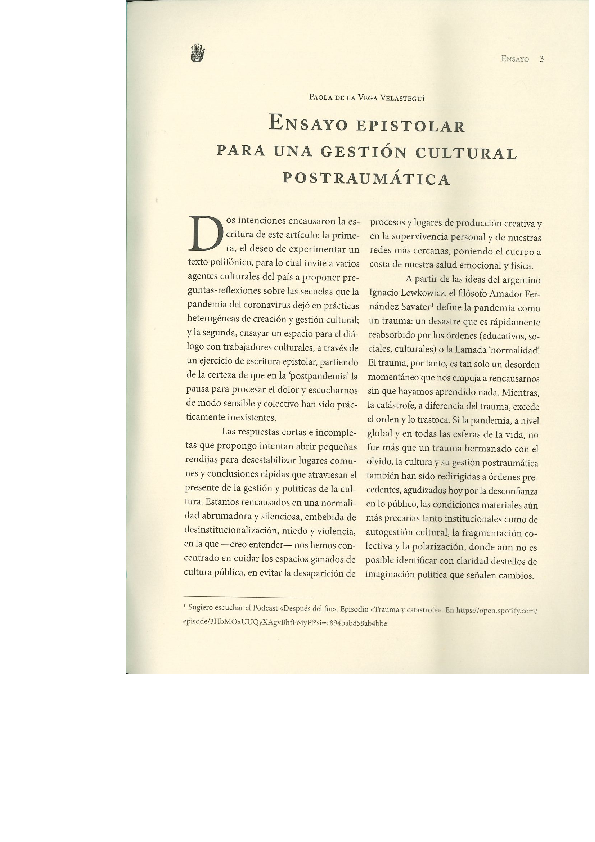 (PDF) Ensayo epistolar para una gestión cultural postraumática