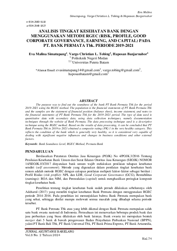 (PDF) ANALISIS TINGKAT KESEHATAN BANK DENGAN MENGGUNAKAN METODE RGEC ...
