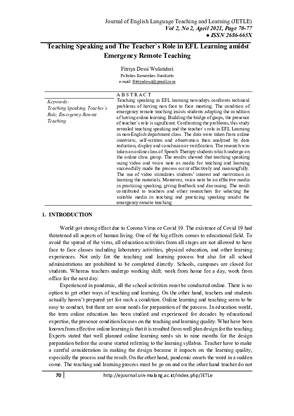 (PDF) Teaching Speaking and The Teacher`s Role for EFL Learner in Emergency Remote Teaching (A ...