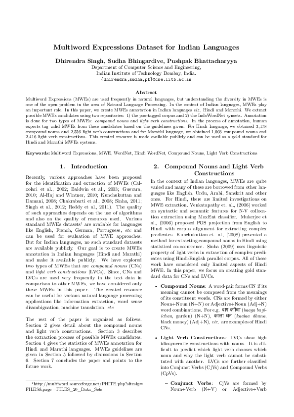 (PDF) Multiword Expressions Dataset for Indian Languages