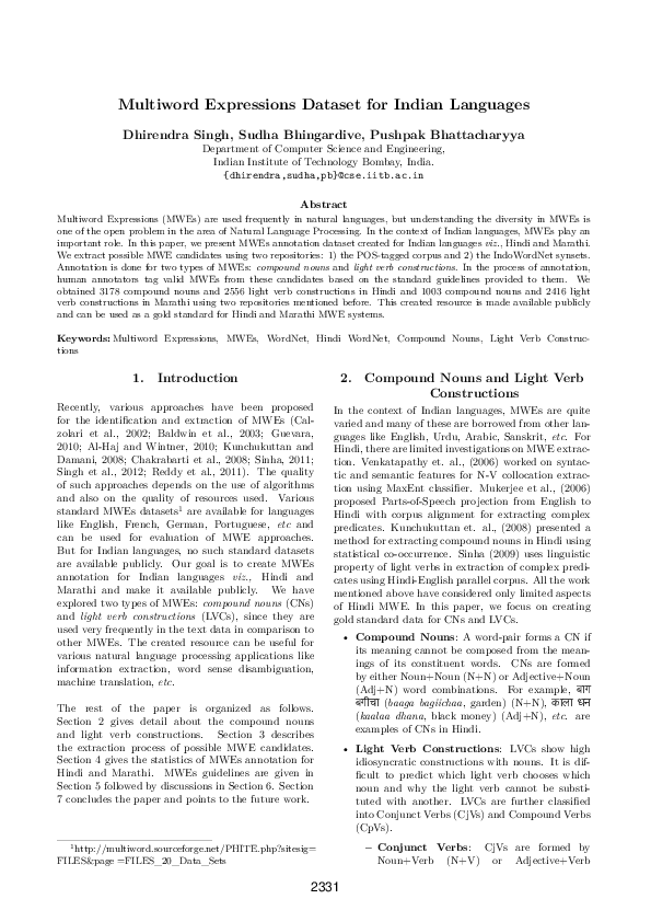 (PDF) Multiword Expressions Dataset for Indian Languages