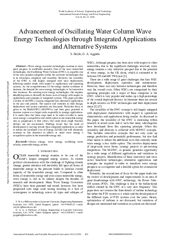 (PDF) Advancement of Oscillating Water Column Wave Energy Technologies through Integrated ...
