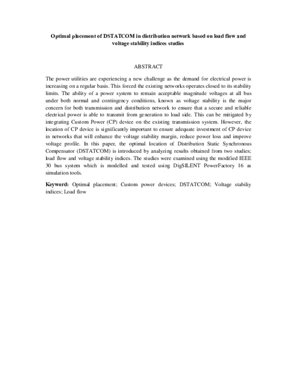 Pdf Optimal Placement Of Dstatcom In Distribution Network Based On Load Flow And Voltage 1077