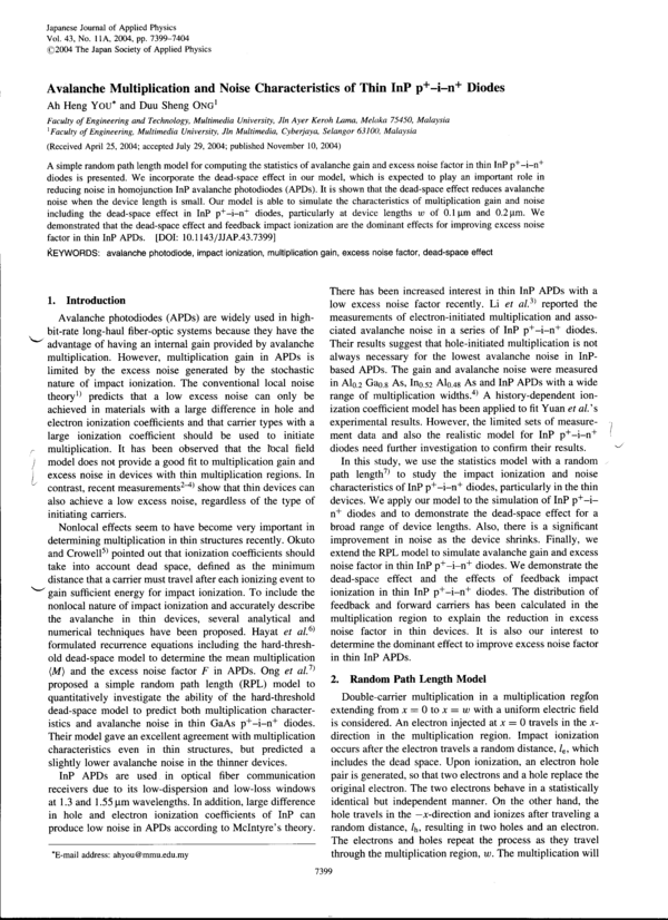 (PDF) Avalanche Multiplication and Noise Characteristics of Thin InP p+ ...