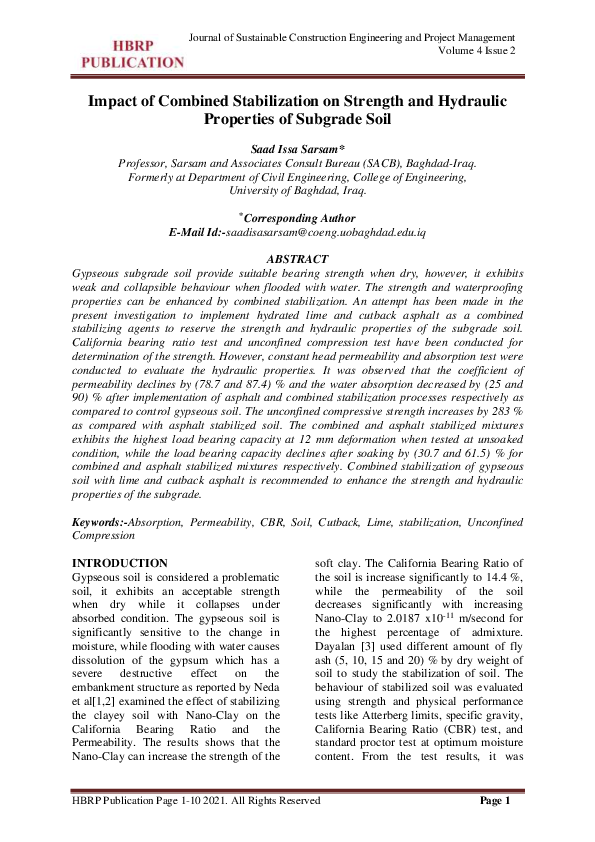 (PDF) Impact of Combined Stabilization on Strength and Hydraulic Properties of Subgrade Soil