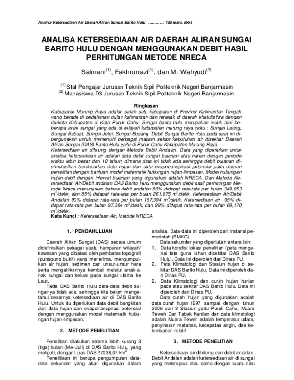 (PDF) Analisa Ketersediaan Air Daerah Aliran Sungai Barito Hulu Dengan Menggunakan Debit Hasil ...