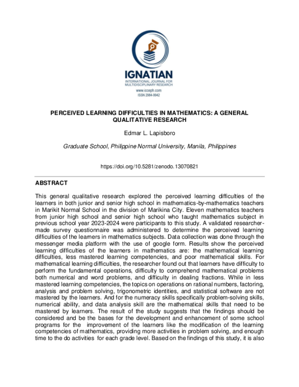 (PDF) PERCEIVED LEARNING DIFFICULTIES IN MATHEMATICS: A GENERAL ...