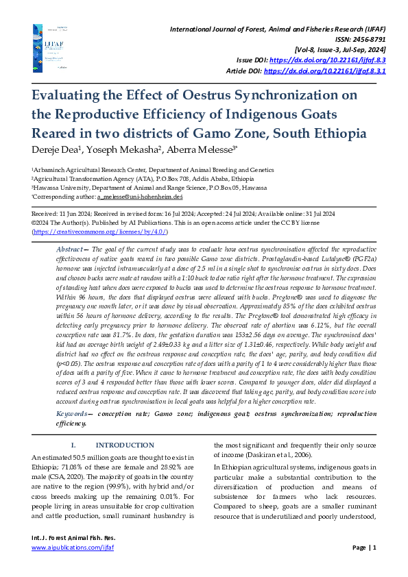 Pdf Evaluating The Effect Of Oestrus Synchronization On The Reproductive Efficiency Of