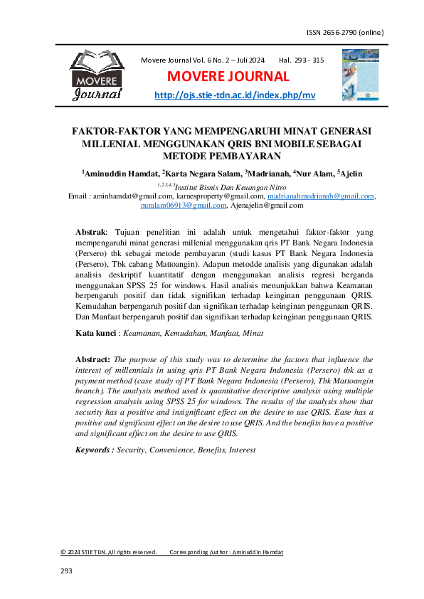 (PDF) FAKTOR-FAKTOR YANG MEMPENGARUHI MINAT GENERASI MILLENIAL MENGGUNAKAN QRIS BNI MOBILE ...