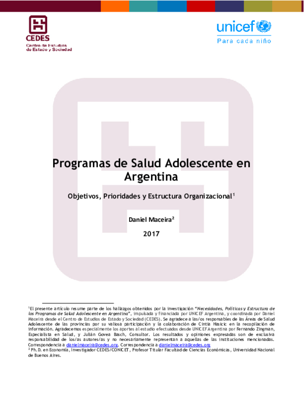 (PDF) Programas de Salud Adolescente en Argentina Objetivos, Prioridades y Estructura Organizacional