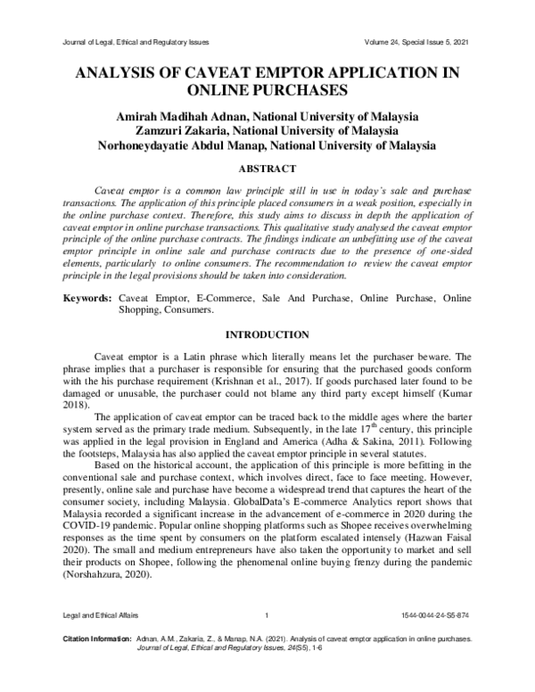 (PDF) Analysis of Caveat Emptor Application in Online Purchases