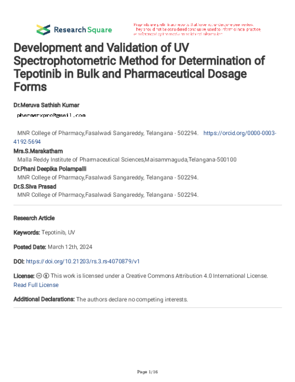 Pdf Development And Validation Of Uv Spectrophotometric Method For Determination Of Tepotinib