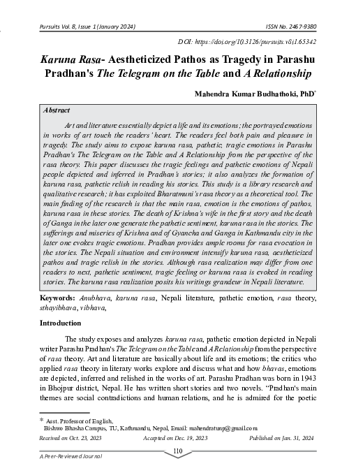 (PDF) Karuna Rasa- Aestheticized Pathos as Tragedy in Parashu Pradhan's ...