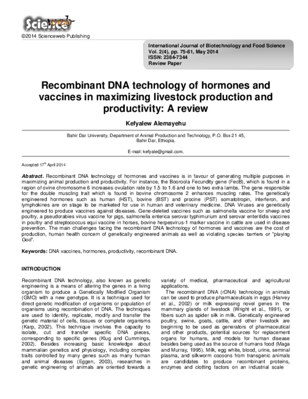 (PDF) Recombinant DNA technology of hormones and vaccines in maximizing ...