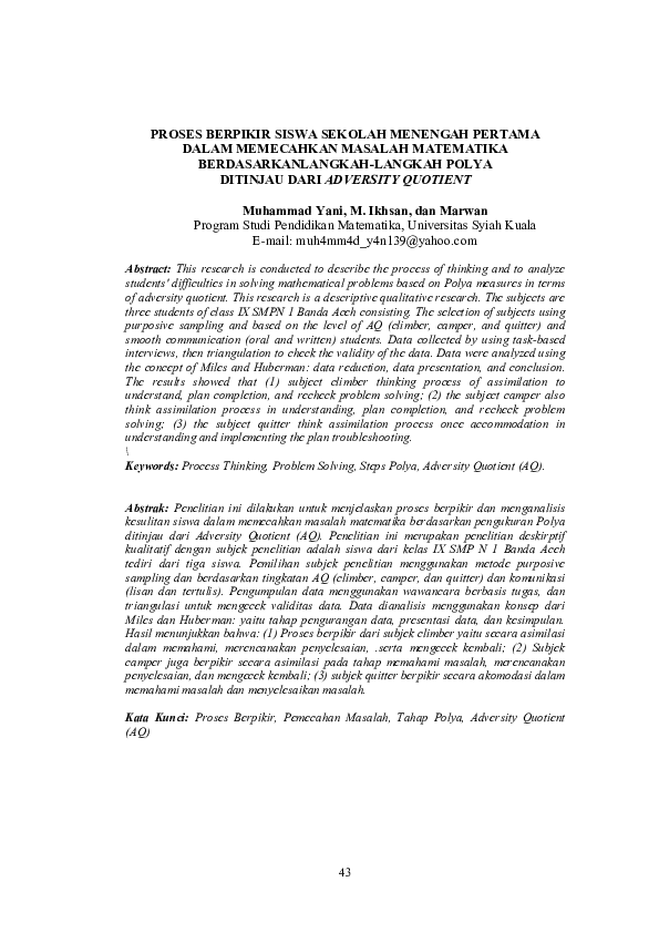 (PDF) Proses Berpikir Siswa Sekolah Menengah Pertama Dalam Memecahkan Masalah Matematika ...