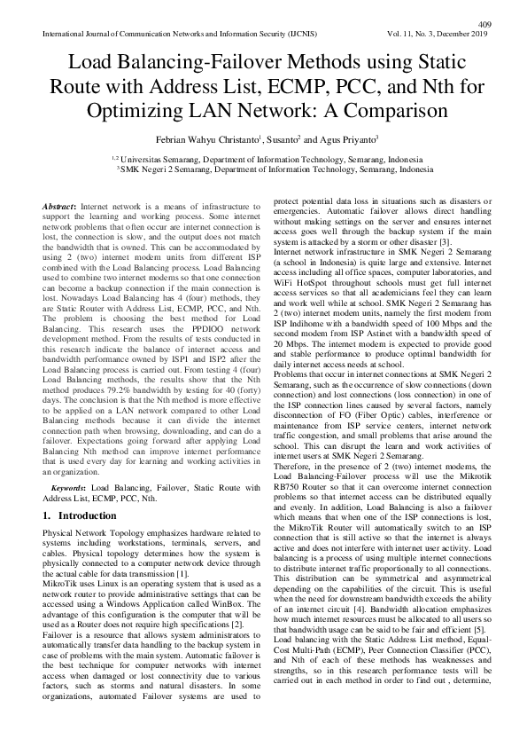 Pdf Load Balancing Failover Methods Using Static Route With Address List Ecmp Pcc And Nth