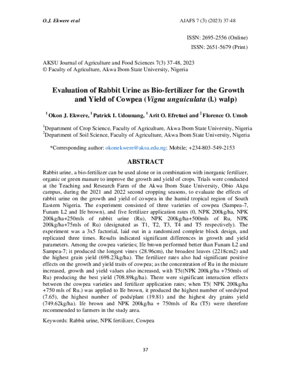 (PDF) Evaluation of Rabbit Urine as Bio-fertilizer for the Growth and ...