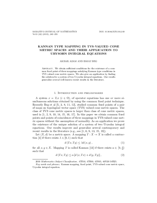 Pdf Kannan Type Mapping In Tvs Valued Cone Metric Spaces And Their Application To Urysohn