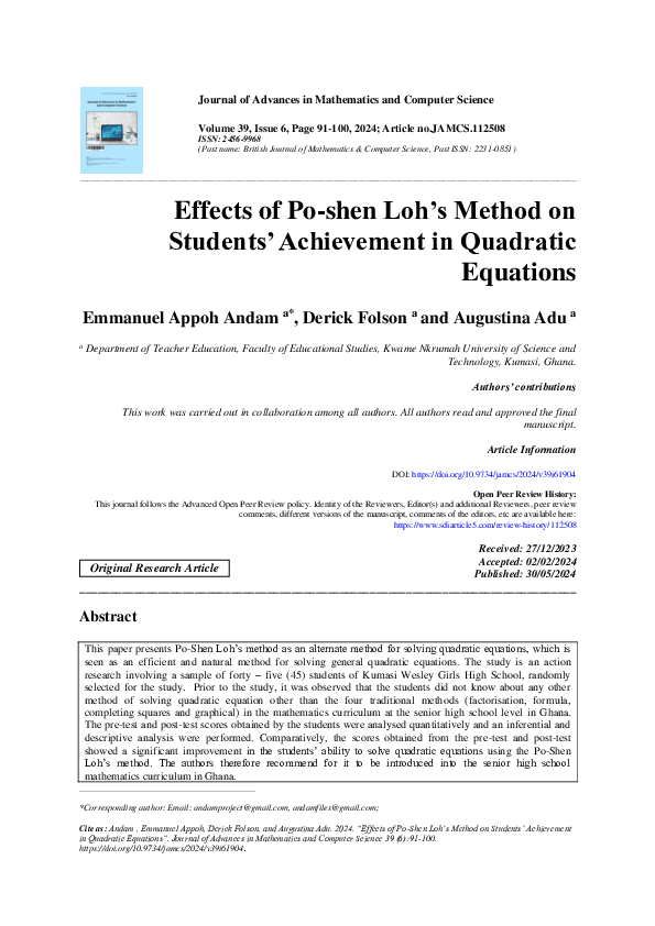 (PDF) Effects of Po-shen Loh’s Method on Students’ Achievement in ...