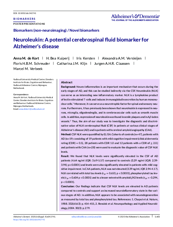 (PDF) Neuroleukin: A potential cerebrospinal fluid biomarker for Alzheimer's disease