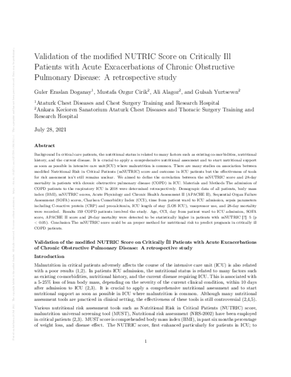(PDF) Validation of the modified NUTRIC Score on Critically Ill ...