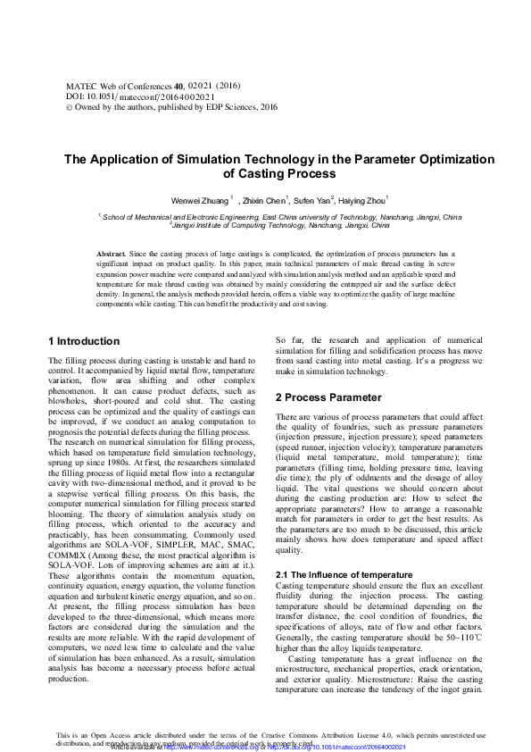 (PDF) The Application of Simulation Technology in the Parameter Optimization of Casting Process