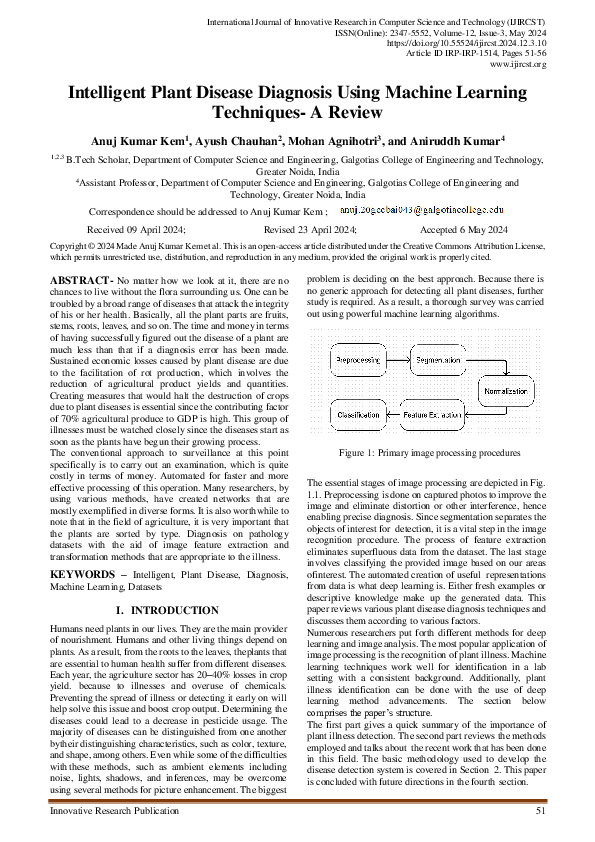 (PDF) Intelligent Plant Disease Diagnosis Using Machine Learning Techniques- A Review