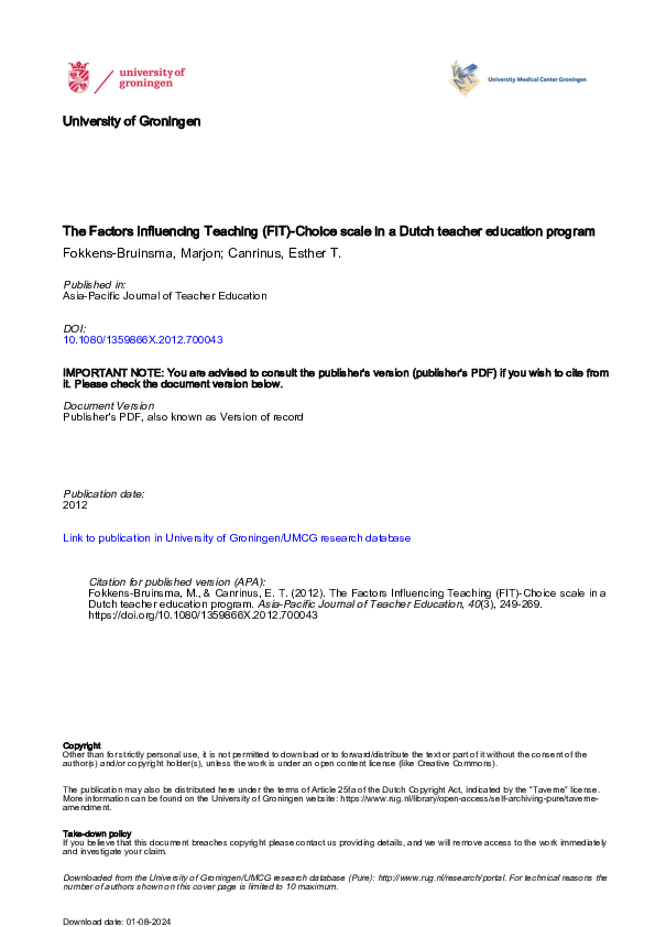 (PDF) The Factors Influencing Teaching (FIT)-Choice scale in a Dutch ...