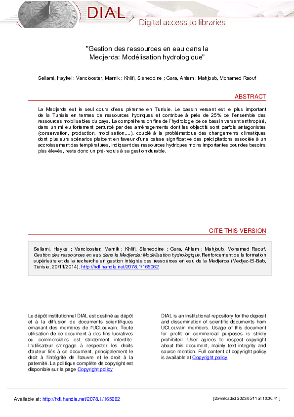 (PDF) Gestion des ressources en eau dans la Medjerda: Modélisation hydrologique