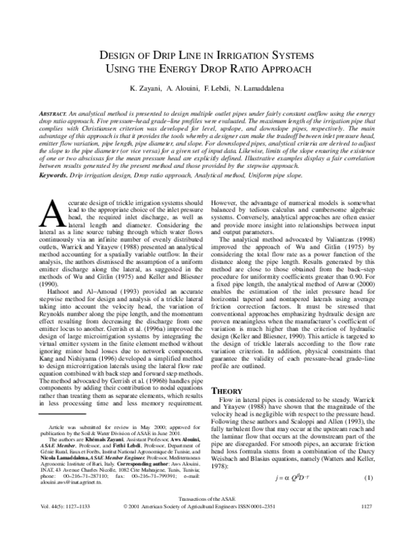 (PDF) Design of Drip Line in Irrigation Systems Using the Energy Drop Ratio Approach