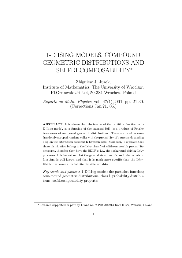 (PDF) 1D Ising models, compound geometric distributions and ...