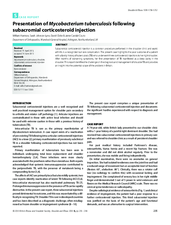 Pdf Presentation Of Mycobacterium Tuberculosis Following Subacromial Corticosteroid Injection